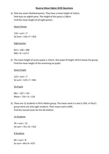 Reverse Mean And Combining Datasets Worksheet Teaching Resources