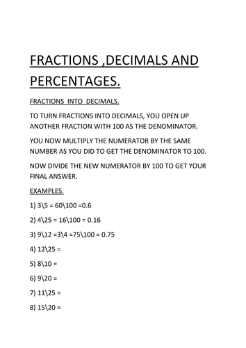 Fractions and Decimals and Percentages | Teaching Resources