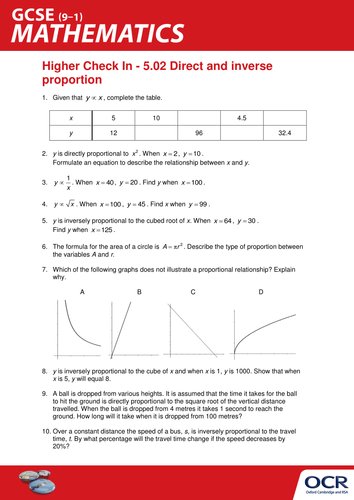 OCR Maths: Higher GCSE - Check In Test 5.02 Direct and inverse ...