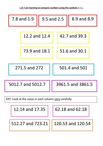 Maths KS2 Comparing decimal numbers worksheets | Teaching Resources