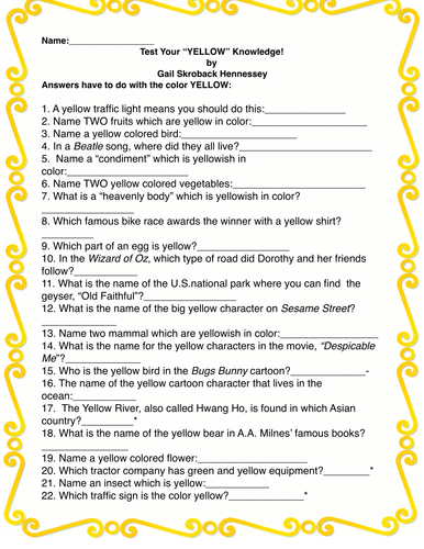 YELLOW Game: Test Your Knowledge about All things Yellow! | Teaching ...