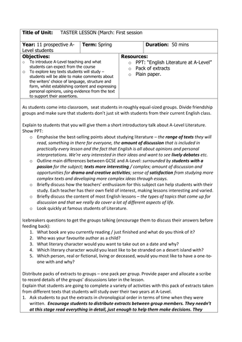 English Literature Induction Lessons: Initial Lesson | Teaching Resources