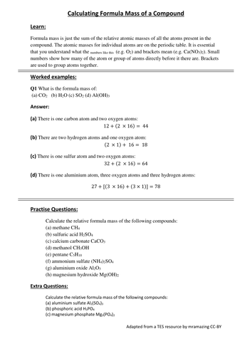 Chemistry: Calculating Formula Masses | Teaching Resources Chemistry: Calculating Formula Masses | Teaching Resources