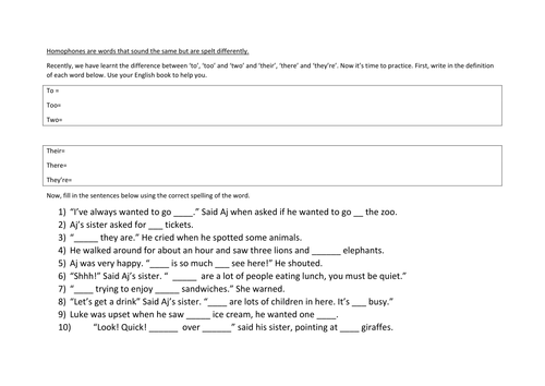 HOMOPHONES. TWO/TO/TOO + THEIR/THERE/THEY'RE. correction sheet and ...