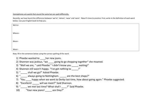 HOMOPHONE ACTIVITY. Were+ Where+ Wear+ We're. Correction task and ...