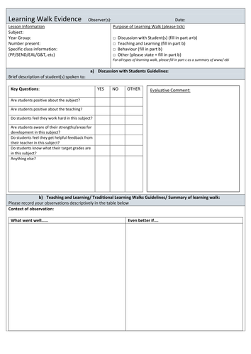Learning Walk Evidence Proforma - to be used with HODs who are ...