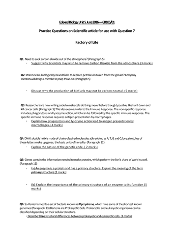 Edexcel Biology Unit 5 June 2016 Pre- release Scientific Article ...