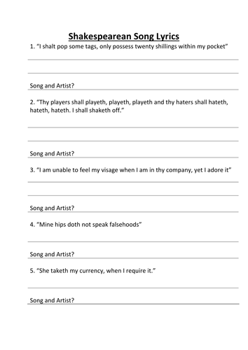 Shakespeare Language - Song Lyrics Starter/Plenary/Activity | Teaching ...
