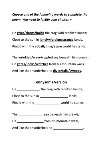Poetry Lesson - The Eagle, Tennyson (Cloze Activity) | Teaching Resources