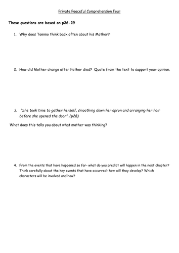 Guided Reading Comprehension Sheets for Private Peaceful by Michael ... Guided Reading Comprehension Sheets for Private Peaceful by Michael ...