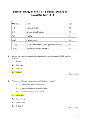 Biological Molecules Diagnostic Test - 30 minutes - Multiple Choice ...