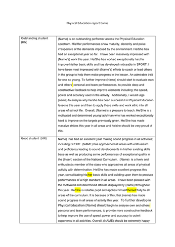 PE REPORTS | Teaching Resources PE REPORTS | Teaching Resources