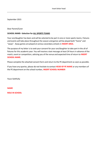 Letter for sports fixtures and clubs | Teaching Resources