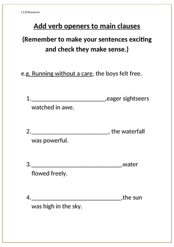 Verb openers worksheets | Teaching Resources