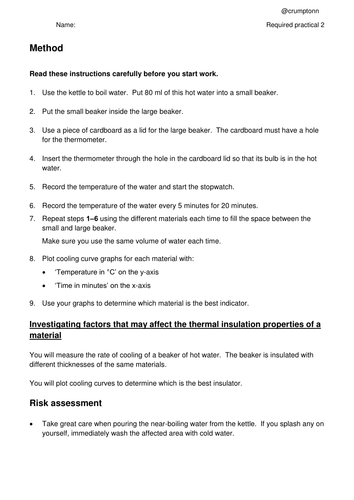 GCSE Physics Required Practical 2 - Thermal Insulation worksheet by ...