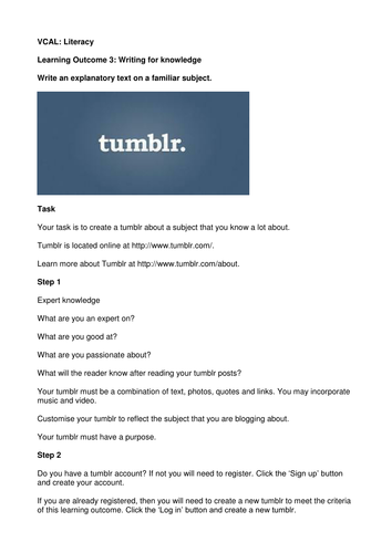 VCAL Literacy task: tumblr | Teaching Resources