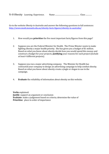 Activity sheets on Obesity | Teaching Resources