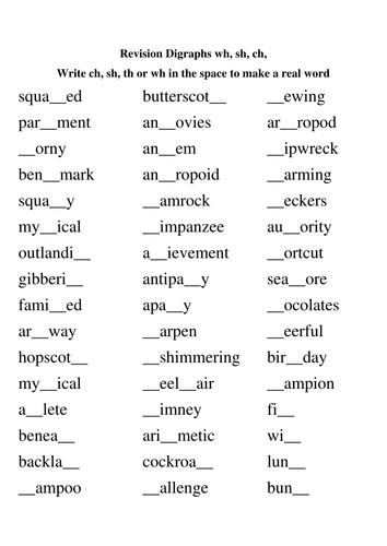 Revision digraphs wh, sh, ch, th | Teaching Resources