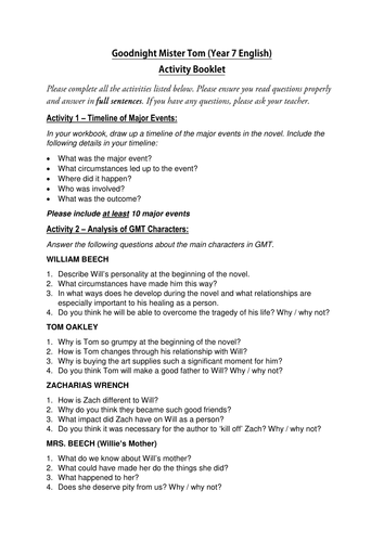 Goodnight Mister Tom Activity Booklet | Teaching Resources