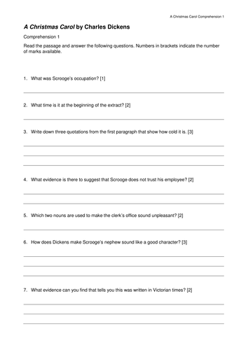A Christmas Carol Comprehension 1 - suitable for KS3 or 11+ practice ...