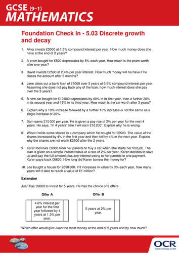 OCR Maths: Foundation GCSE - Check In Test 5.03 Discrete growth and ...