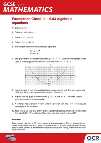 OCR Maths: Foundation GCSE - Check In Test 6.03 Algebraic equations ...