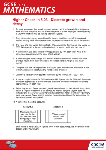 OCR Maths: Higher GCSE - Check In Test 5.03 Discrete growth and decay ...