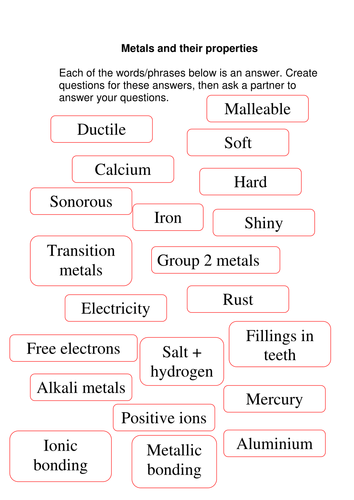 Metals and Properties - Making Questions | Teaching Resources