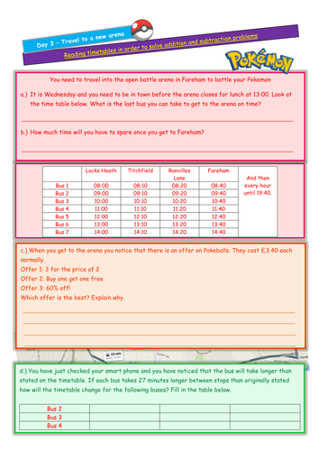 Pokemon worksheet - reading timetables in order to solve addition and ...