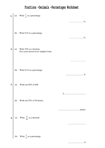 Fractions-Decimals-Percentages Worksheet(4pages) | Teaching Resources