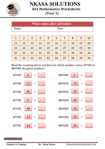 What comes after and before ,,,,,,,(Numbers & Counting)... Year 1 ...