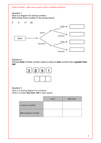 Mathematics Key Stage 2 - types of number: odd, even, square, factor ...