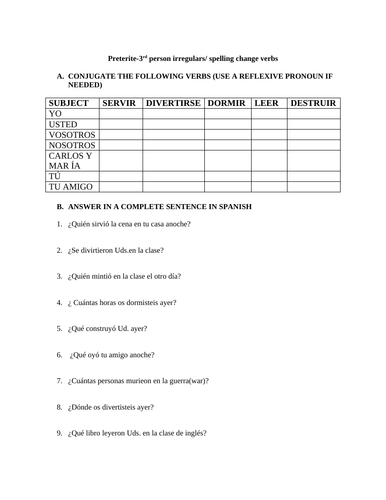 preterit stem change and spelling change verbs quiz | Teaching Resources