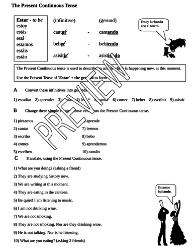The Present tense of Ser, Estar, Tener and the Present Continuous tense ...