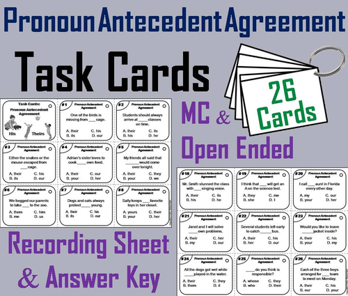 Pronoun Antecedent Agreement Task Cards | Teaching Resources