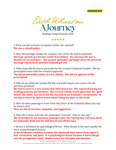 “A Journey” by Edith Wharton - Quiz & Key by inquiringmind44 - Teaching ...
