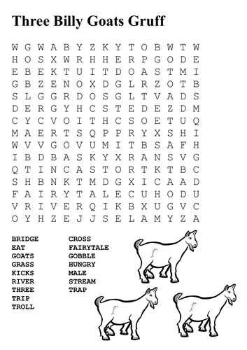 Three Billy Goats Gruff Word Search by sfy773 | Teaching Resources