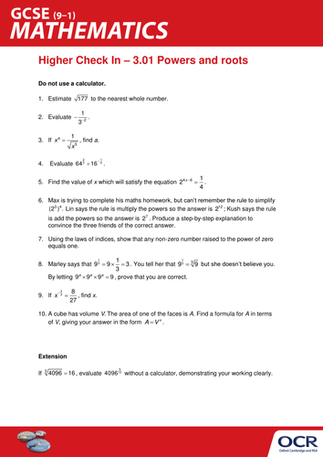 OCR Maths: Higher GCSE - Check In Test 3.01 Powers and roots | Teaching ...