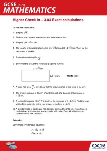 OCR Maths: Higher GCSE - Check In Test 3.03 Exact calculations ...