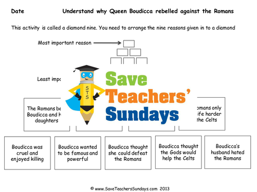 Queen Boudicca KS2 Lesson Plan and Worksheet (Diamond Nine On Reasons ...