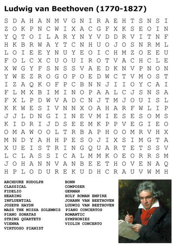 Ludwig van Beethoven Word Search by sfy773 | Teaching Resources
