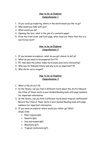 How To Be An Explorer Comprehension Questions | Teaching Resources
