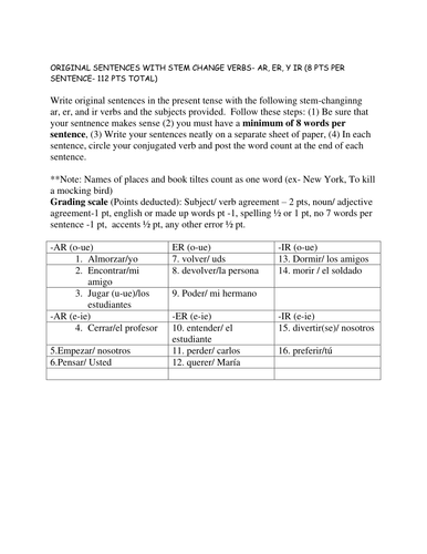 Original sentences stem change verbs | Teaching Resources