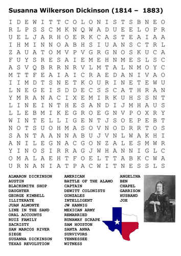 The Alamo - Susanna Dickinson Word Search | Teaching Resources