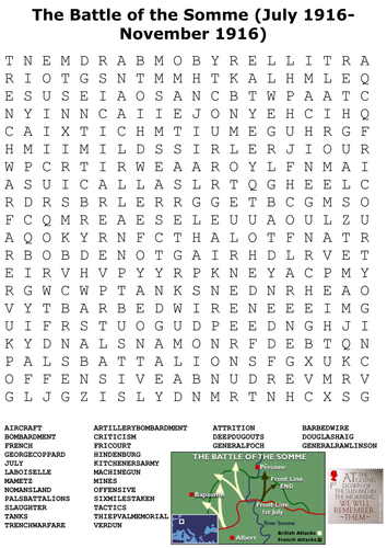 The Battle of the Somme Word Search - World War One | Teaching Resources