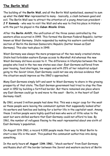 The Berlin Wall Comprehension and Questions Activity | Teaching Resources