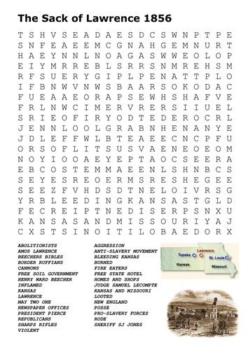 The sack of Lawrence 1856 Word Search and Source Account | Teaching ...