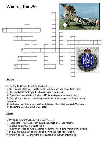 War in the Air Cross Word - World War One | Teaching Resources