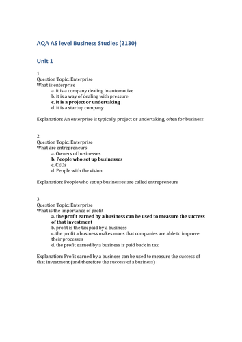 GCE AS Level Business Studies Multiple Choice Questions (Unit 1) for ...