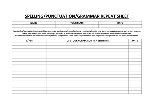 SPELLING, PUNCTUATION AND GRAMMAR - REPEAT SHEET | Teaching Resources